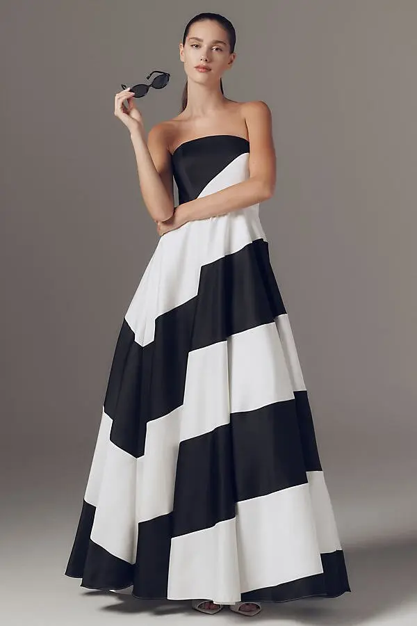 Mac Duggal Strapless Striped Maxi Dress - Black & White Pattern