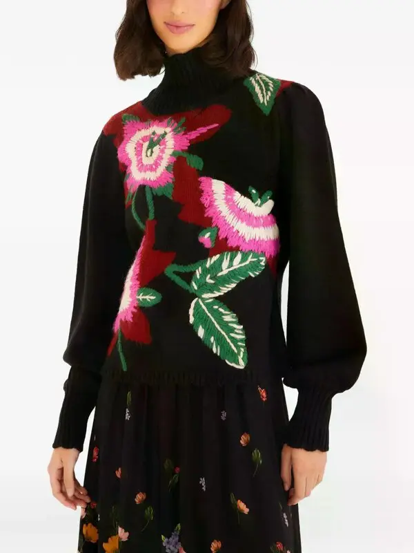 Farm Rio Floral-embroidered Sweater - Black