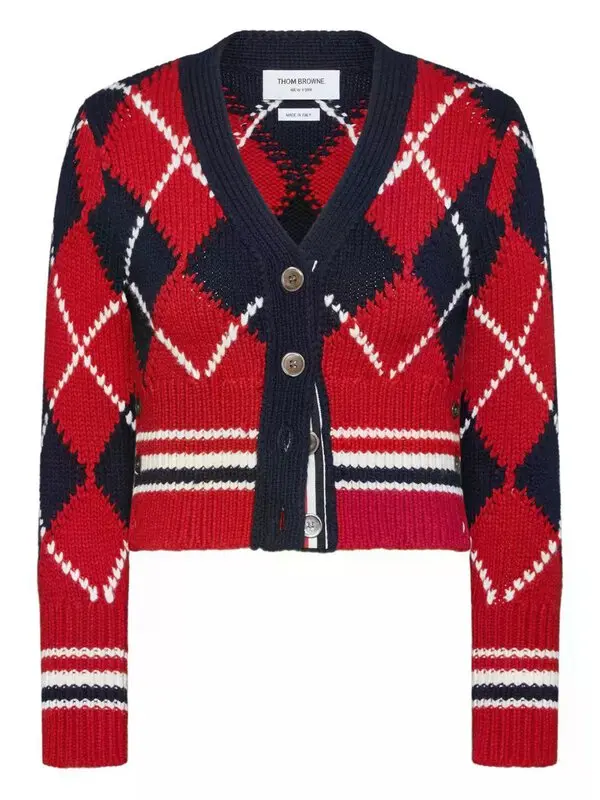 Thom Browne Argyle-intarsia Merino-wool Cardigan - Red