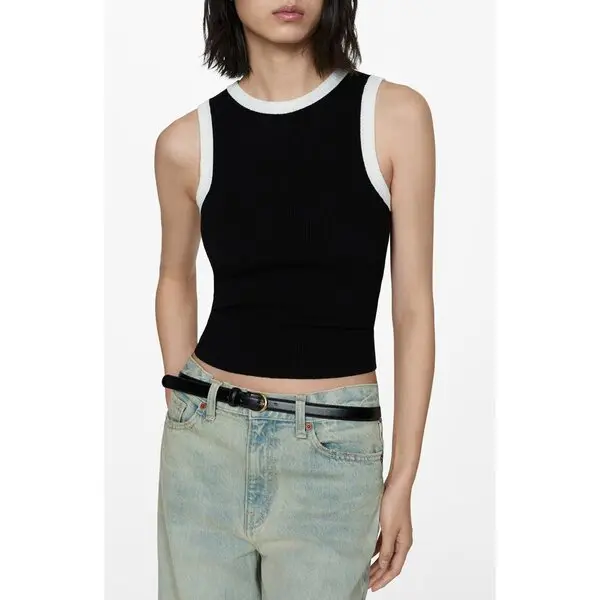 Mango Contrast Piping Rib Tank Top - Black