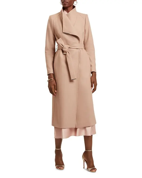 TED BAKER Midi/Rose Wool Long Wrap Tie Belted Coat, Camel Color Size Brand New