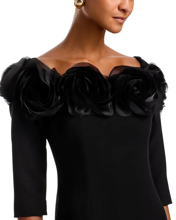 off the shoulder 3d floral sleeve scuba crepe evening dress Natalia Scuba Crepe Off the Shoulder Ruffle Neck Knee Length Dress main image 1
