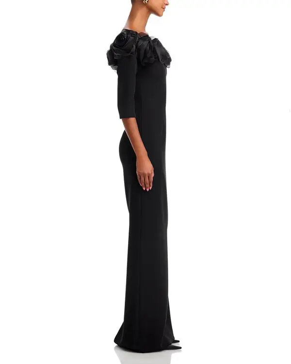 off the shoulder 3d floral sleeve scuba crepe evening dress Xscape Women's Off-The-Shoulder Pleated-Waist Gown - Navy main image 0