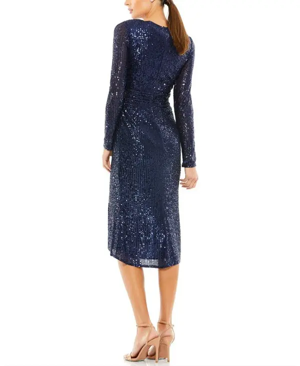 Mac Duggal Sequined Long Sleeve Midi Dress - Midnight