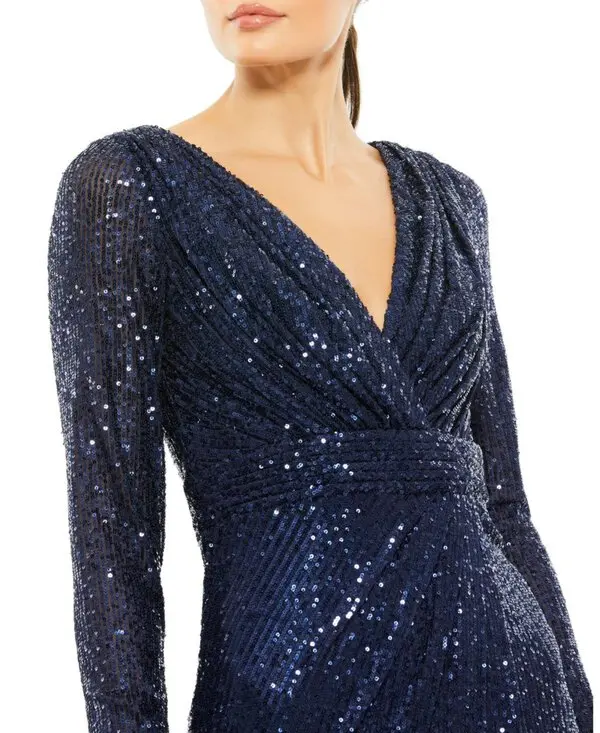 Mac Duggal Sequined Long Sleeve Midi Dress - Midnight