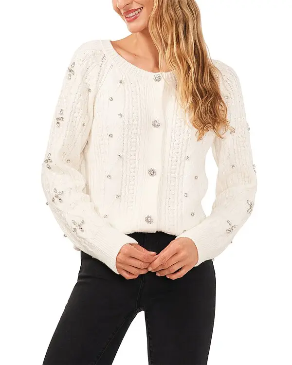 CECE DUPRAZ Rhinestone Cable Knit Cardigan