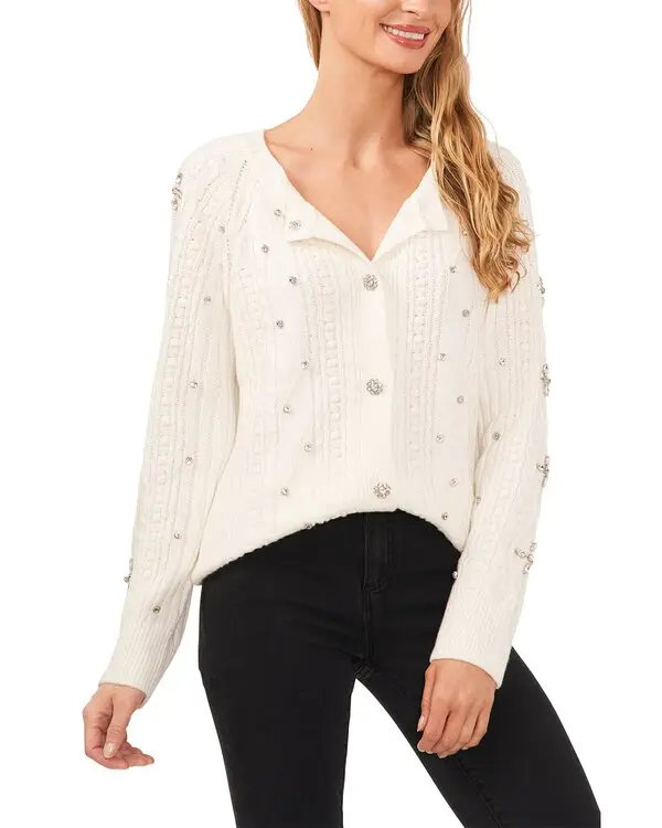 CECE DUPRAZ Rhinestone Cable Knit Cardigan