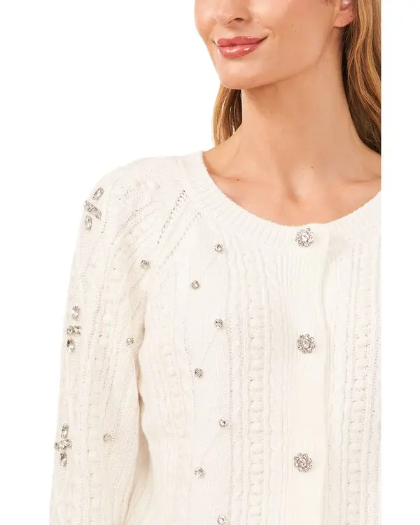 CECE DUPRAZ Rhinestone Cable Knit Cardigan