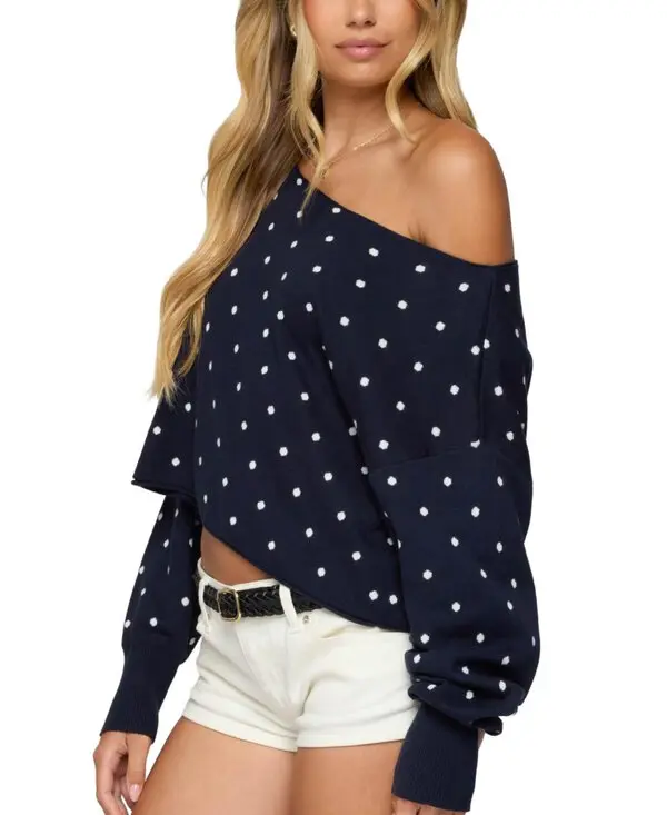 EDIKTED Oversized Off Shoulder Polka Dot Sweater - Navy