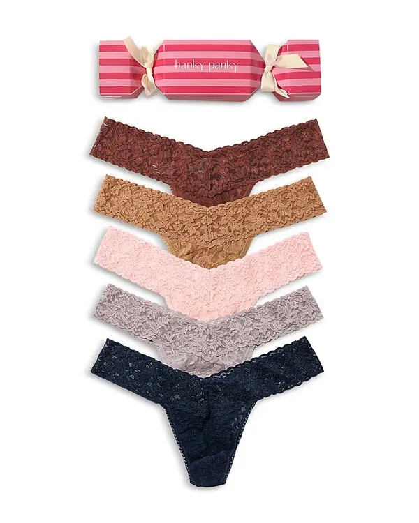 Hanky Panky Signature Lace Low Rise Thong, Pack Of 5 - Allspice/suntan/rosewater Pink/steel/nav