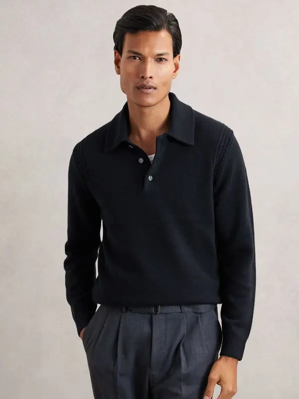REISS Deansgate Wool-blend Polo Jumper With Cashmere - Navy