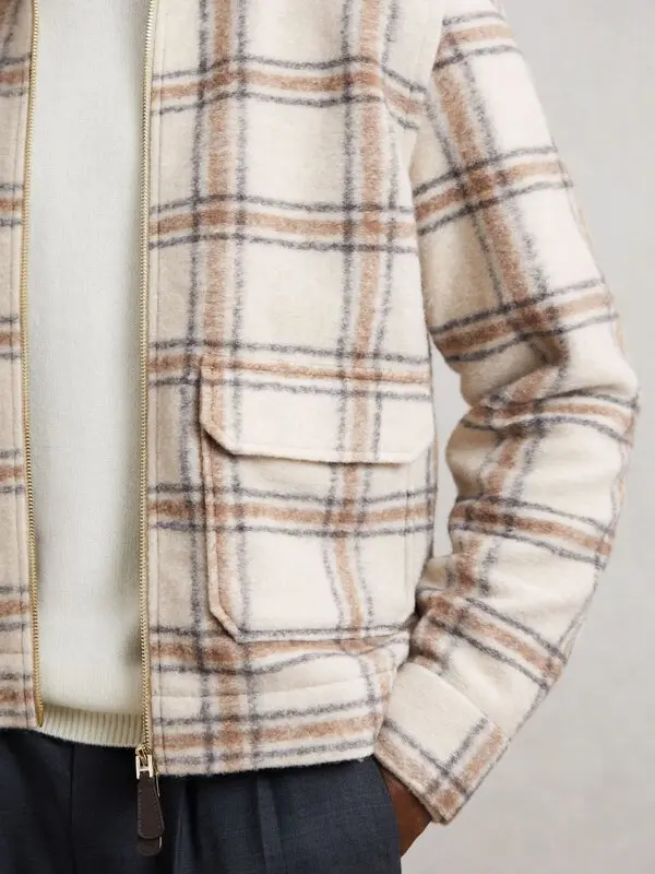 REISS Varena Zip-through Check Overshirt With Wool - Stone