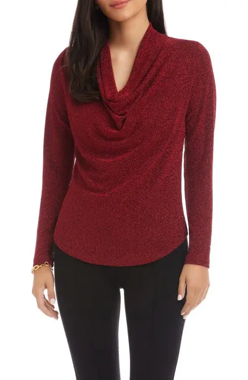 Karen Kane Metallic Knit Cowl Neck Top - Red