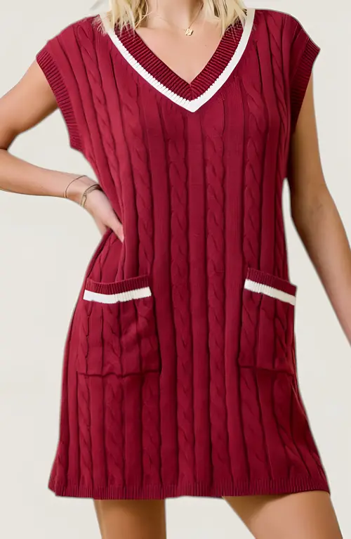 MODENAIRE Cable-knit Mini Sweater Tank Dress With Pockets - Burgundy
