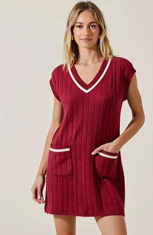 MODENAIRE Cable-knit Mini Sweater Tank Dress With Pockets - Burgundy