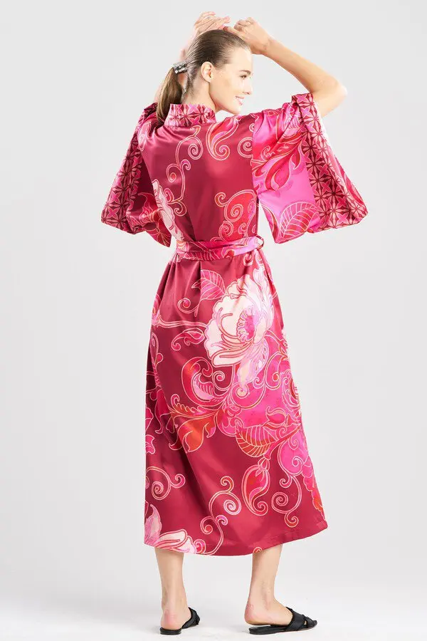Natori Deco Printed Charmeuse Kimono Robe - Red