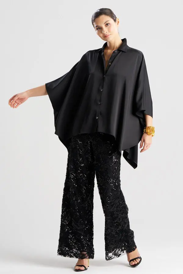 Natori Luxe Charmeuse Button Down Caftan Shirt