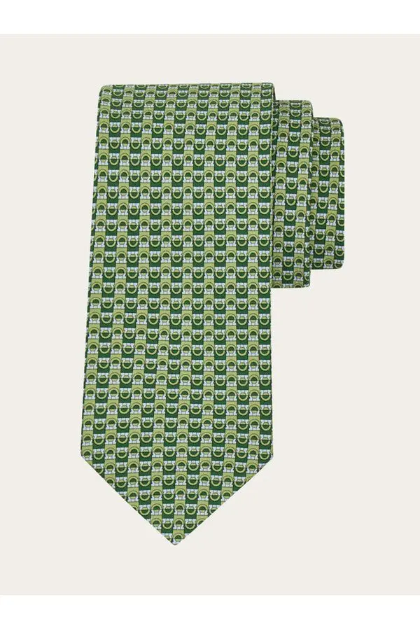 FERRAGAMO Gancini Bicolor Print Silk Tie - Green