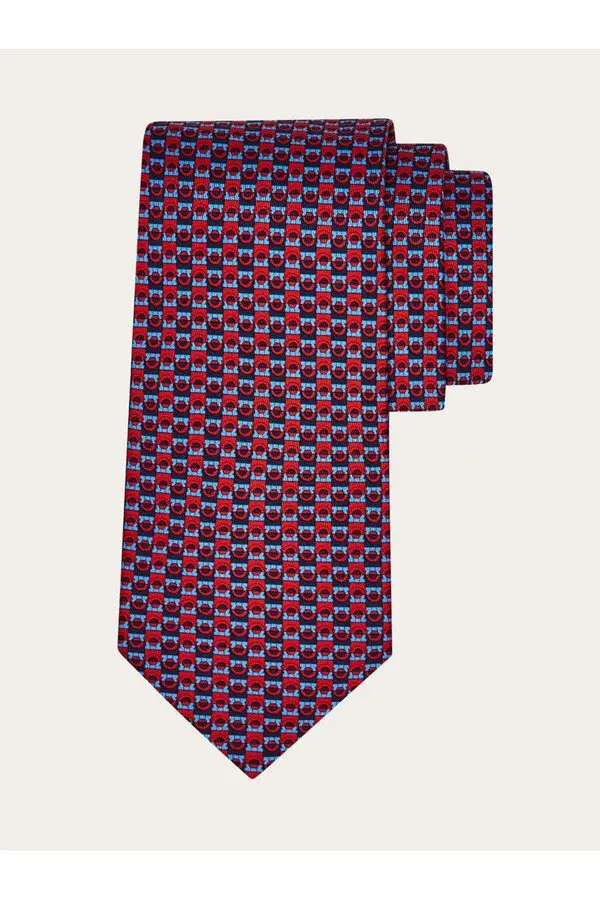 FERRAGAMO Gancini Bicolor Print Silk Tie - Red