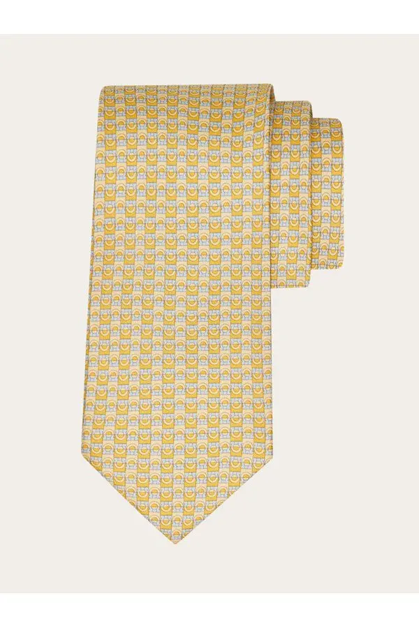 FERRAGAMO Gancini Bicolor Print Silk Tie - Yellow