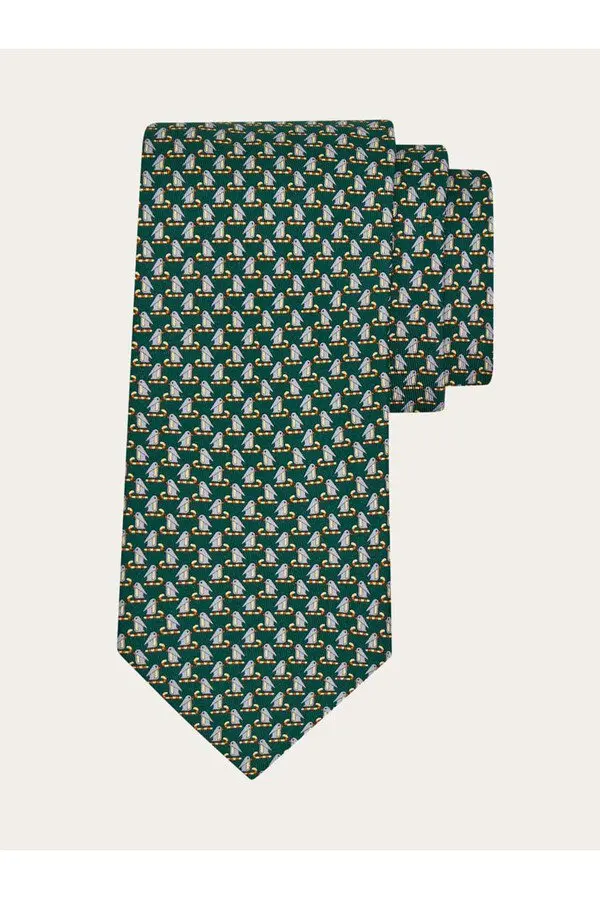 FERRAGAMO Penguin Print Silk Neck Tie - Green