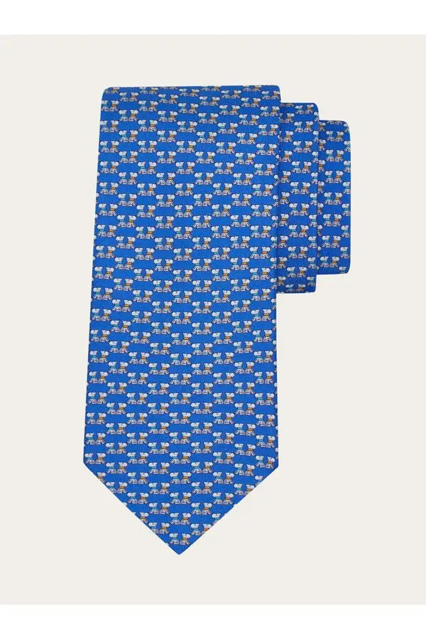 FERRAGAMO Terrier Print Silk Neck Tie - Blue