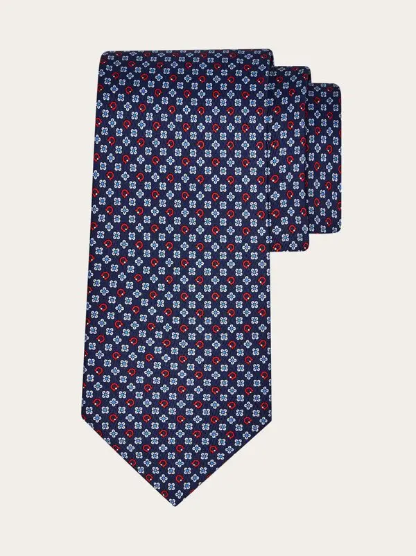FERRAGAMO Gancini Flower Print Silk Neck Tie - Blue
