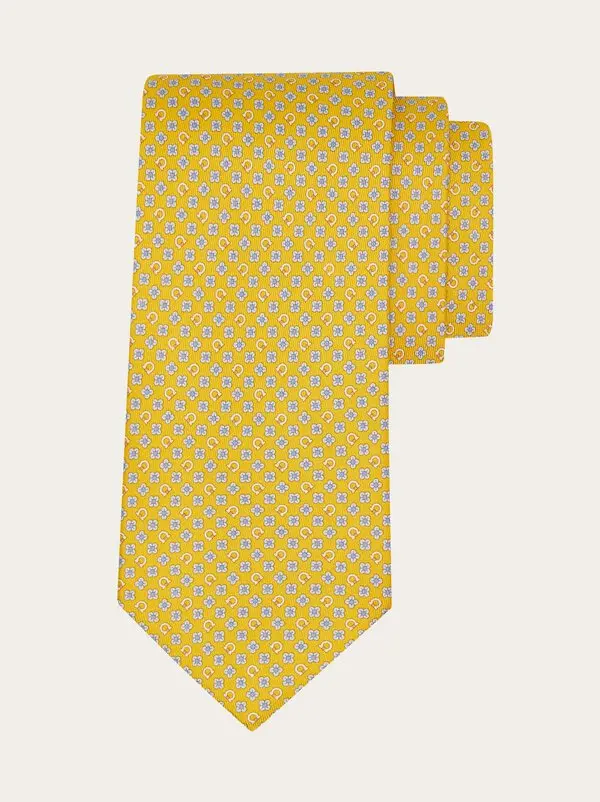 FERRAGAMO Gancini Flower Print Silk Neck Tie - Yellow