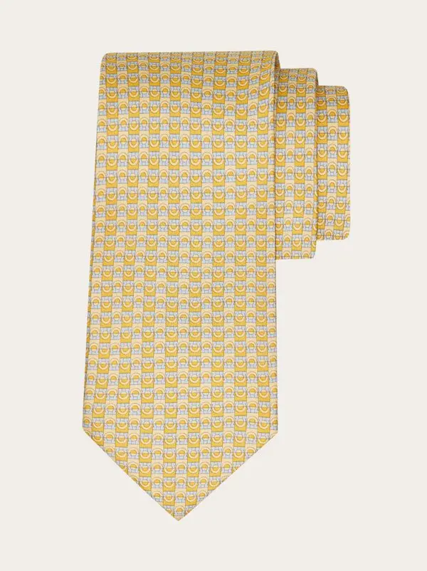FERRAGAMO Gancini Print Silk Neck Tie - Yellow