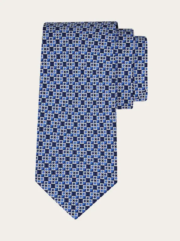 FERRAGAMO Gancini Square Print Silk Tie - Blue