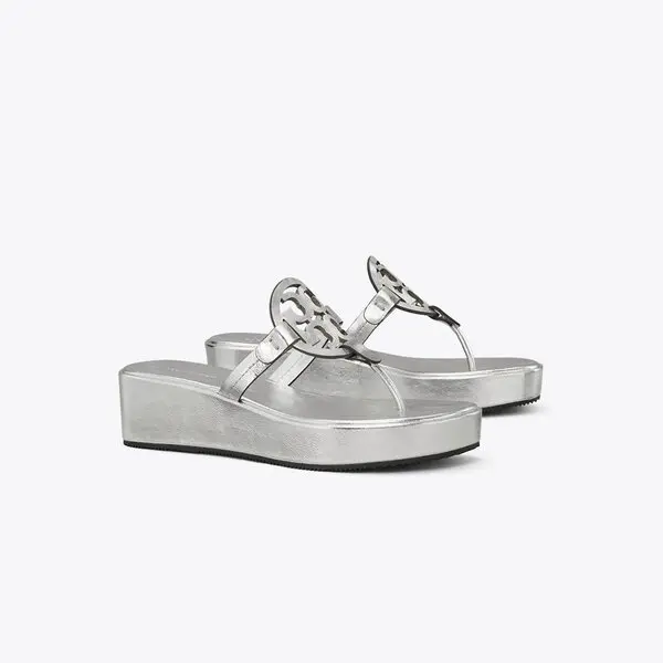 Tory Burch Miller Crinkled Metallic Wedge Sandal - Silver