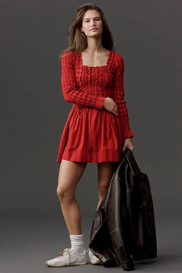 DAMSON MADDER Raphaela Long-sleeve Ruffle Mini Dress - Red Pattern