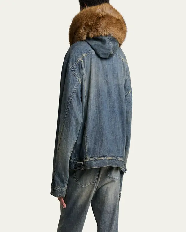 Balenciaga Faux Fur-trim Hooded Denim Trucker Jacket - Vert Multi
