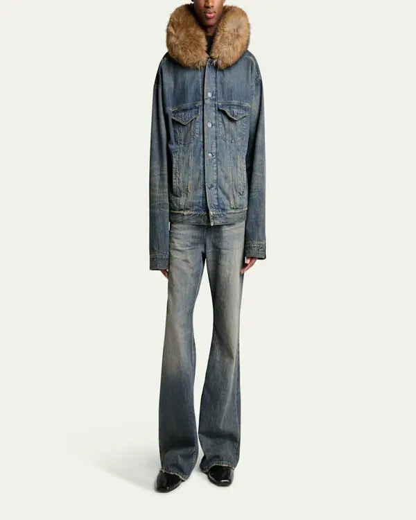 Balenciaga Faux Fur-trim Hooded Denim Trucker Jacket - Vert Multi