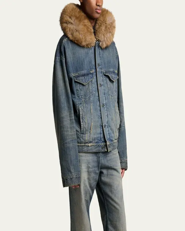 Balenciaga Faux Fur-trim Hooded Denim Trucker Jacket - Vert Multi