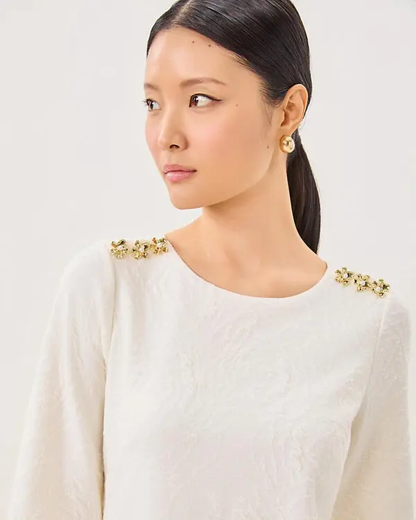 Lilly Pulitzer 3/4 Sleeve Shift Dress With Gold Button Detail - Coconut  Rose Knit Pucker Jacquard | Editorialist