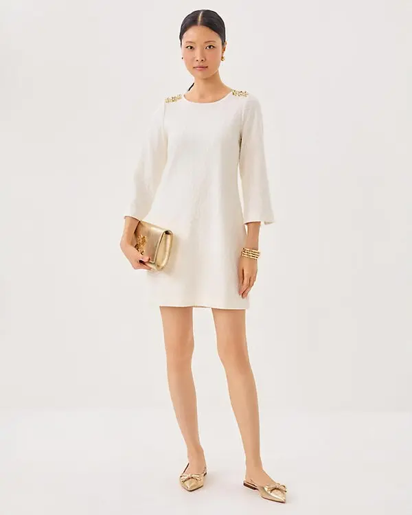 3/4 Sleeve Shift Dress With Gold Button Detail