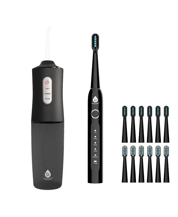 PURSONIC Rechargeable Water Flosser & Usb Electric Toothbrush With 12 Brush Heads – Advanced Oral Care Set - Black