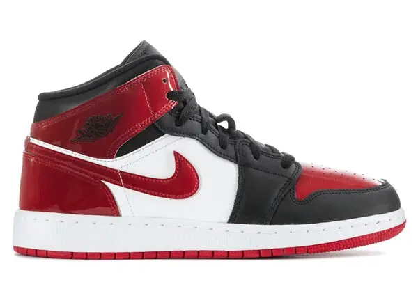 JORDAN 1 Mid Patent Bred Toe Sneakers - Black/white/varsity Red