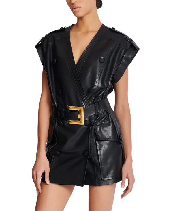 Balmain Lambskin Leather Short Belted Dress