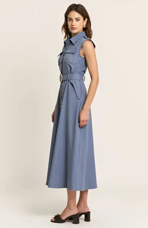 MODENAIRE Belted A-line Midi Dress With Button Details