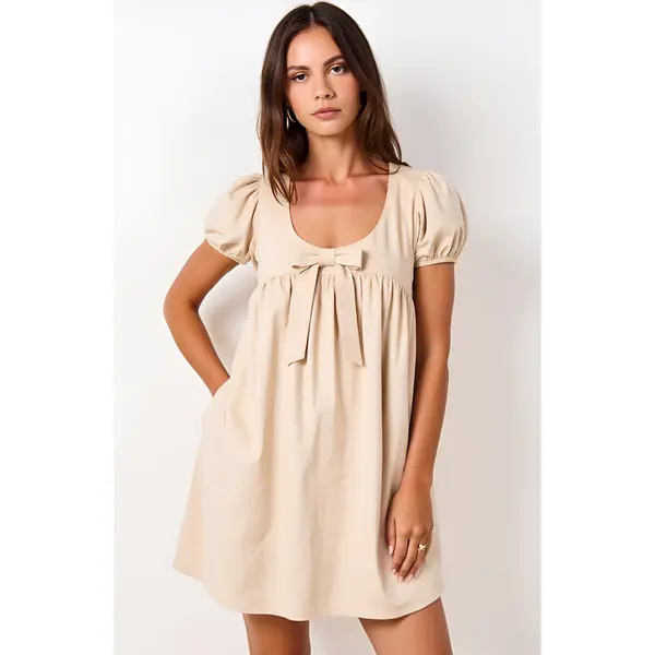 MODENAIRE Puff Sleeve Mini Dress With Bow