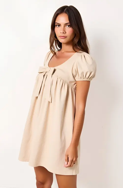 MODENAIRE Puff Sleeve Mini Dress With Bow