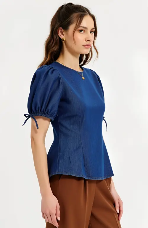 MODENAIRE Denim Puff Sleeve Top
