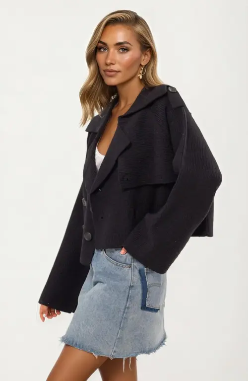 KNIT & LOUNGE Double-breasted Cropped Knit Jacket