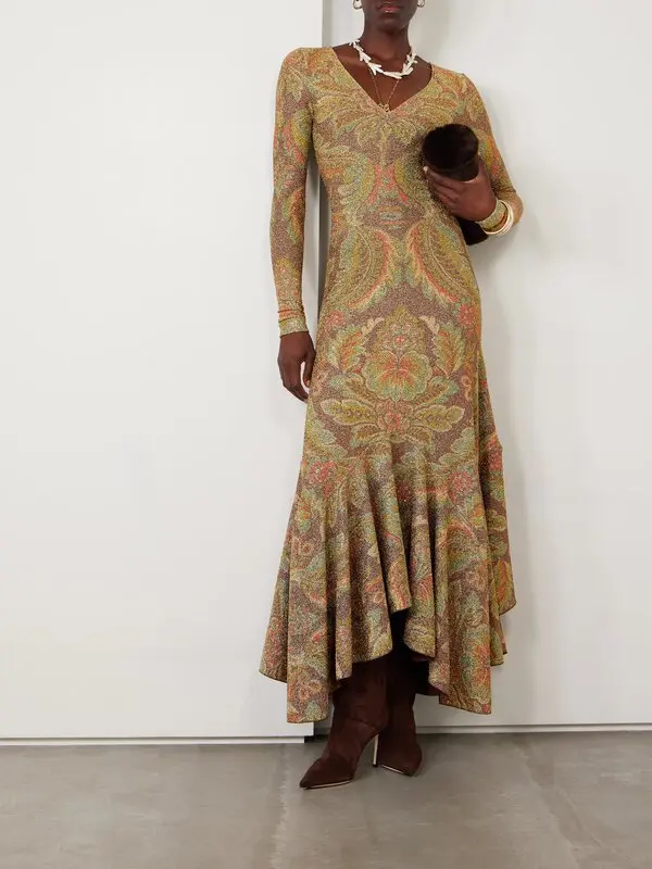 Etro Asymmetric Paisley-print Metallic Cloqué Midi Dress