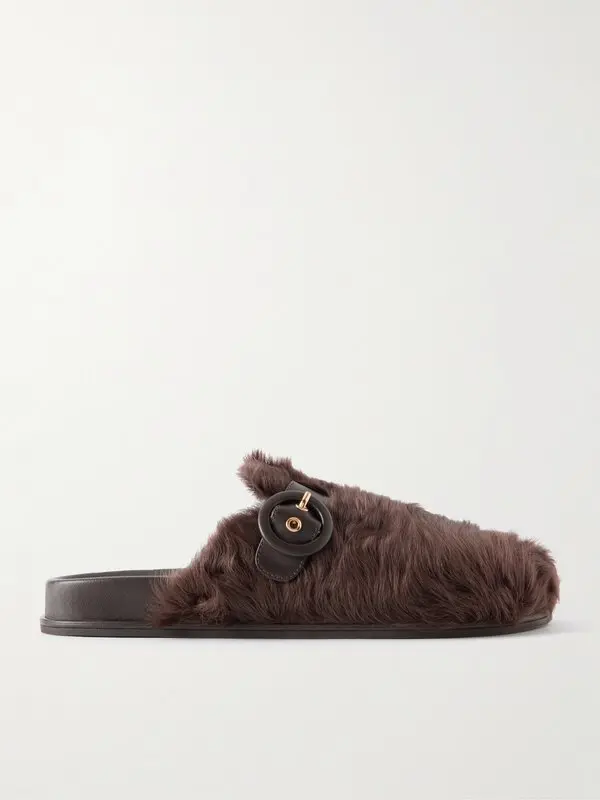 AQUAZZURA Cuddle Buckled Shearling Mules - Brown