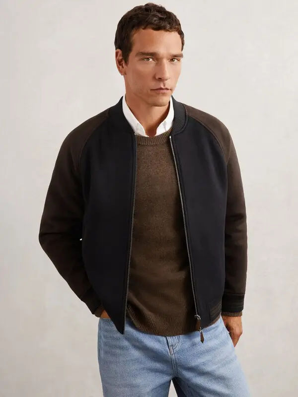 REISS Rylan Colour-block Bomber Jacket - Navy/brown