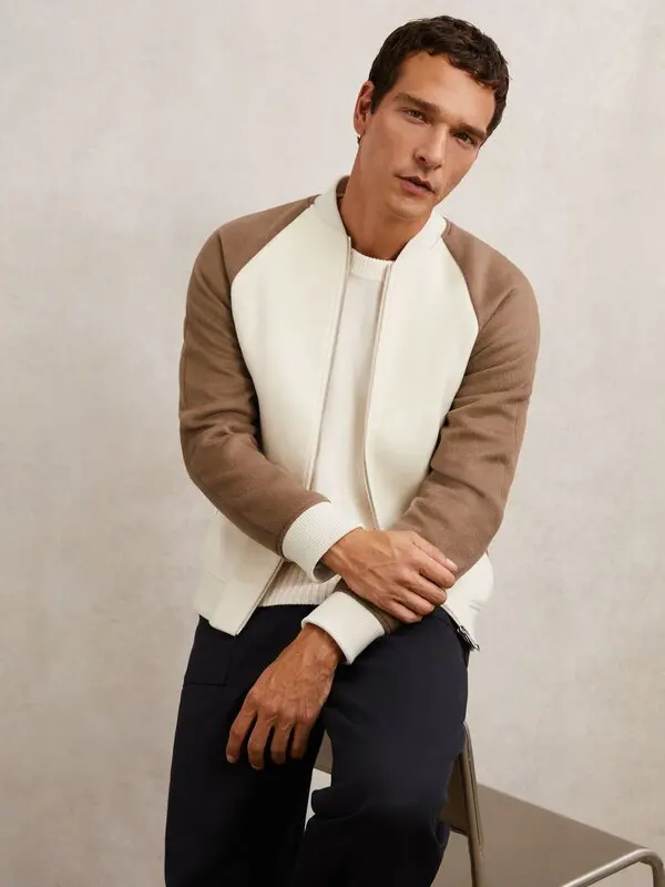 REISS Rylan Colour-block Bomber Jacket - Off White/oatmeal
