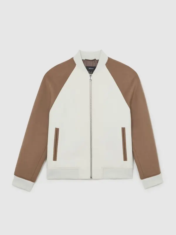 REISS Rylan Colour-block Bomber Jacket - Off White/oatmeal
